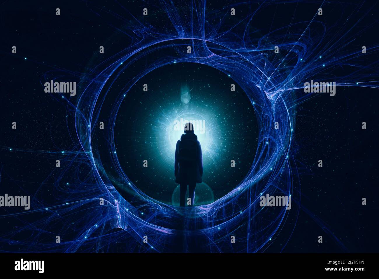 A fantasy, science fiction concept of a woman standing in front of a ...