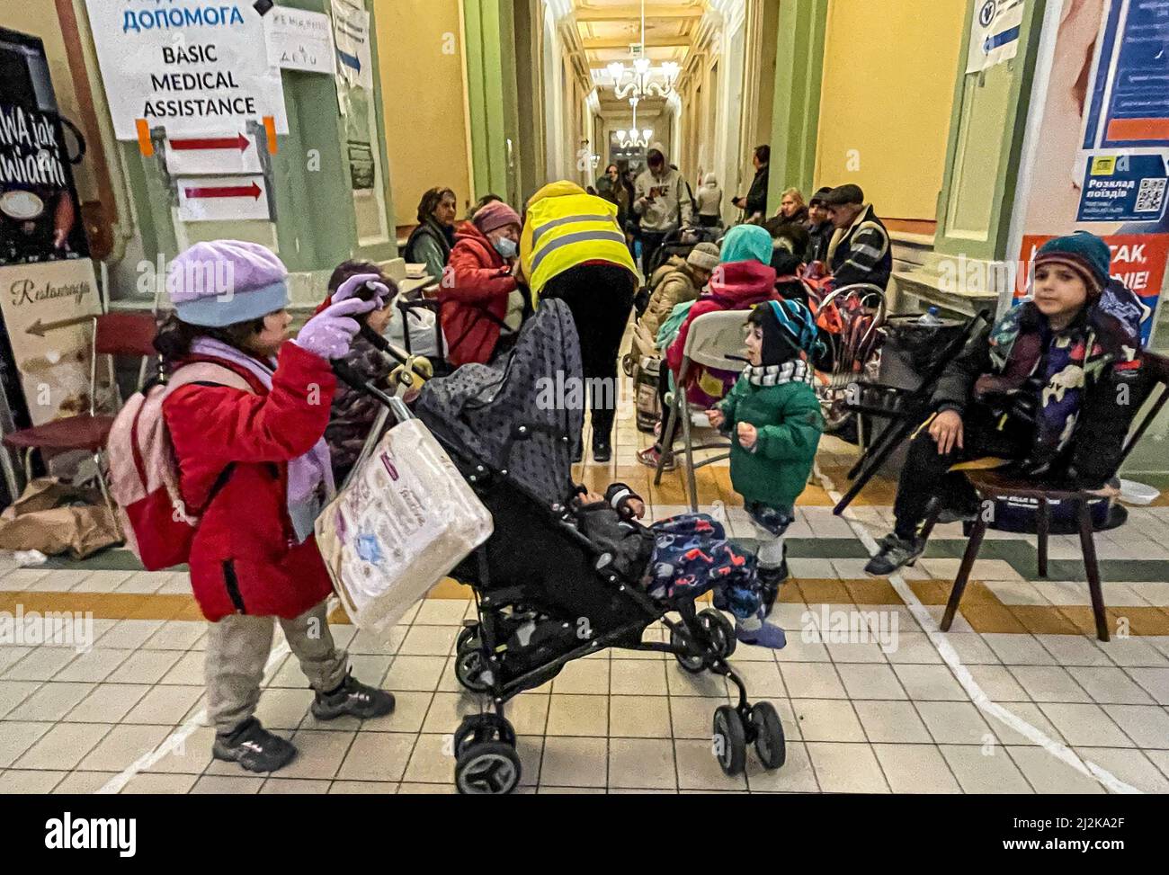 Krakow, Poland. 1st Apr, 2022. Child pushes stroller and plays with ...