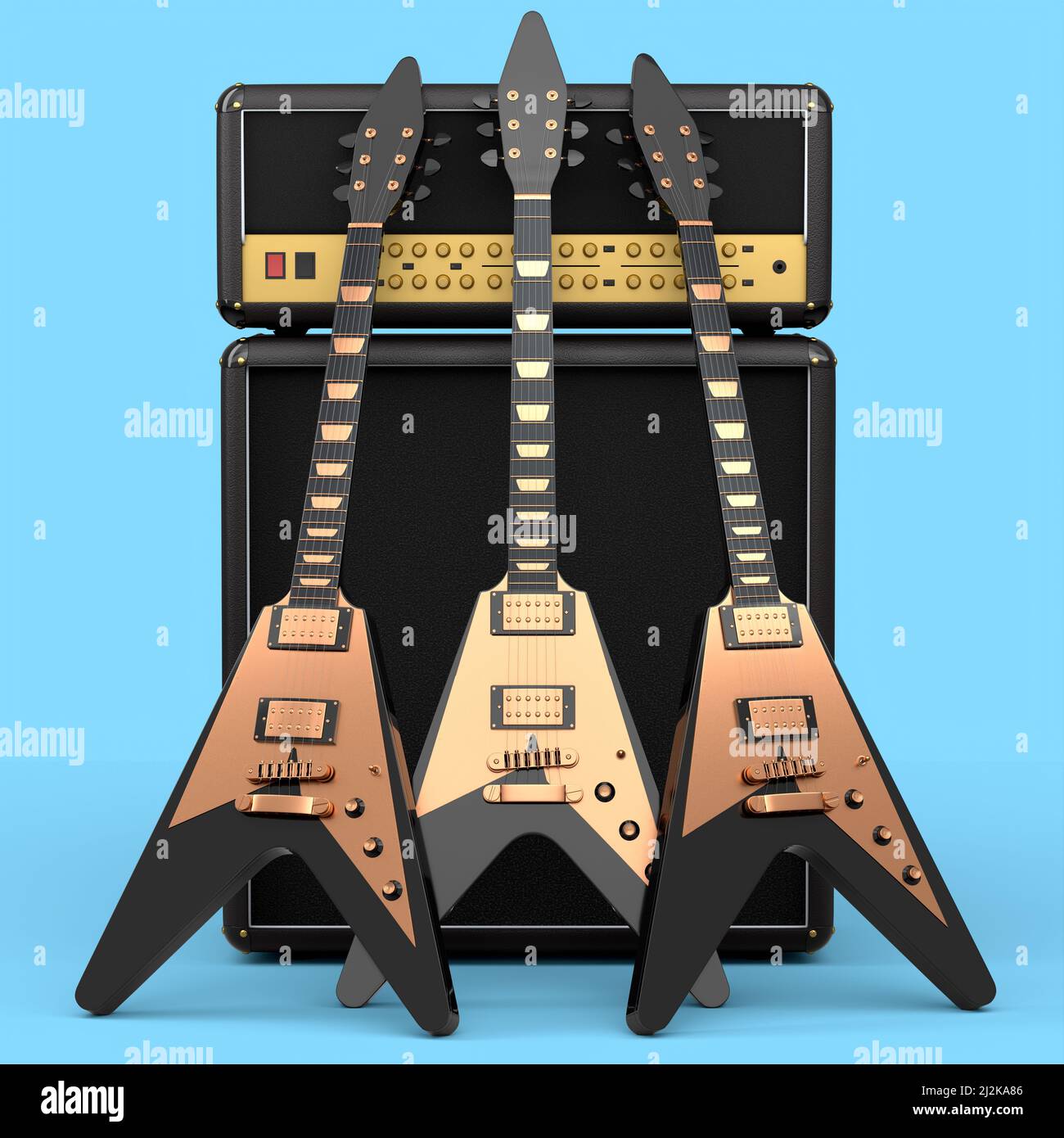Set of electric acoustic guitar and amplifier on blue background. 3d ...