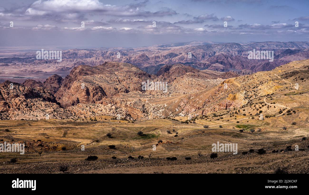Desert landscape of the mountains of Edom, Shoubak, Jordan Stock Photo ...