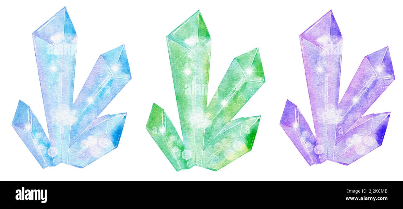 Watercolor illustration of shiny crystals, shimmering gemstones in ...