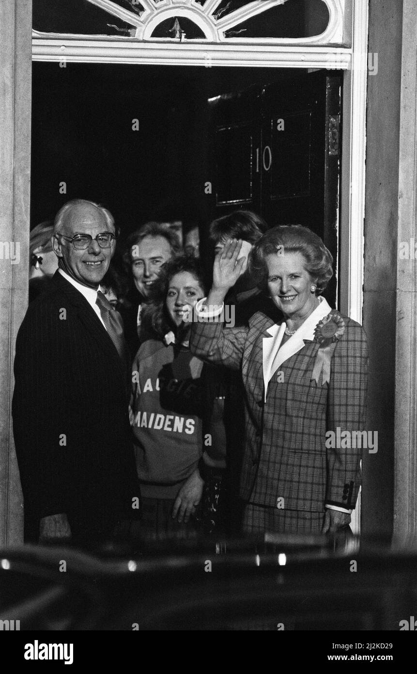 Prime Minister Margaret Thatcher, her husband, Denis Thatcher celebrate ...