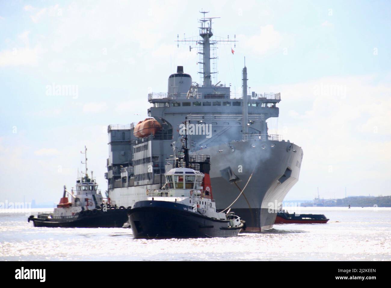 Ex RFA Fort Austin leaving Birkenhead docks onto Cammel lairds Stock ...
