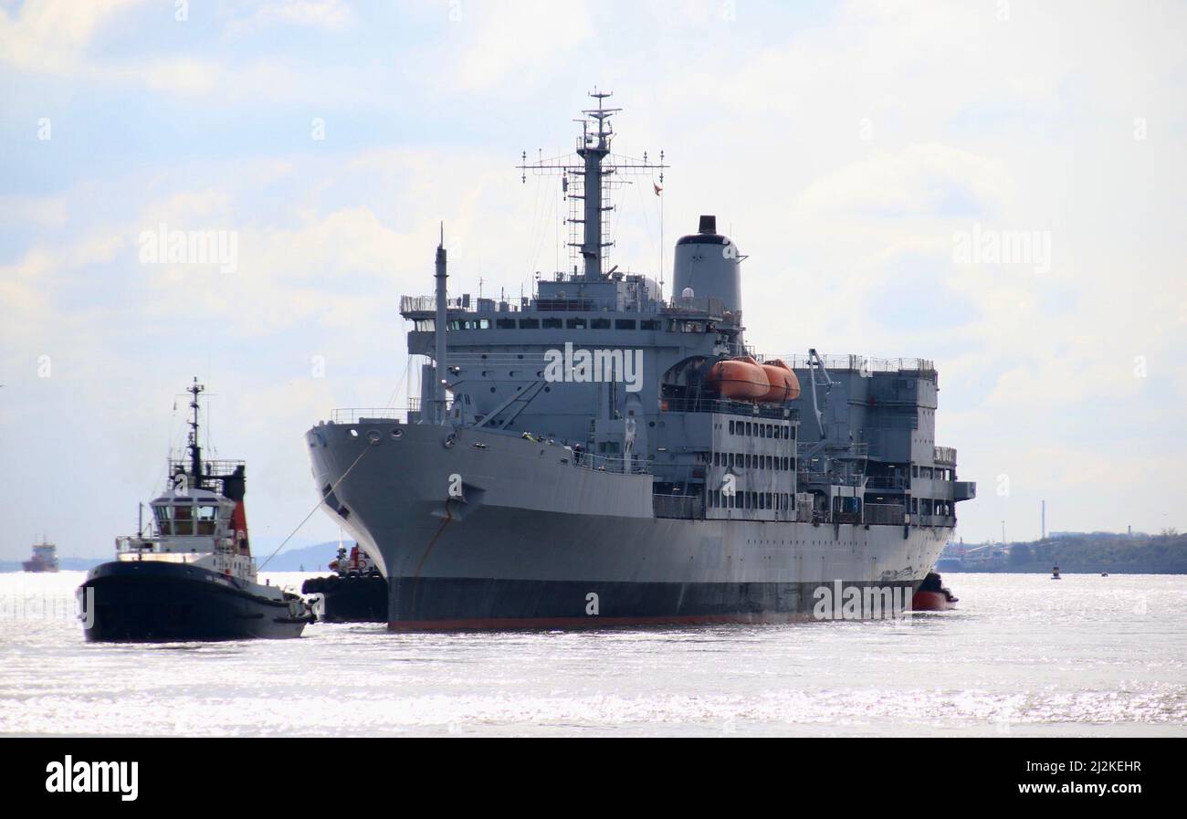 Ex RFA Fort Austin leaving Birkenhead docks onto Cammel lairds Stock ...