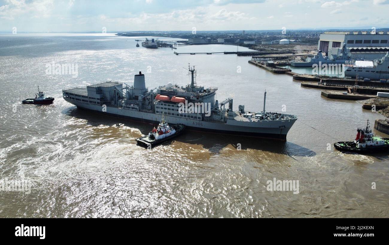 Ex RFA Fort Austin leaving Birkenhead docks onto Cammel lairds Stock ...