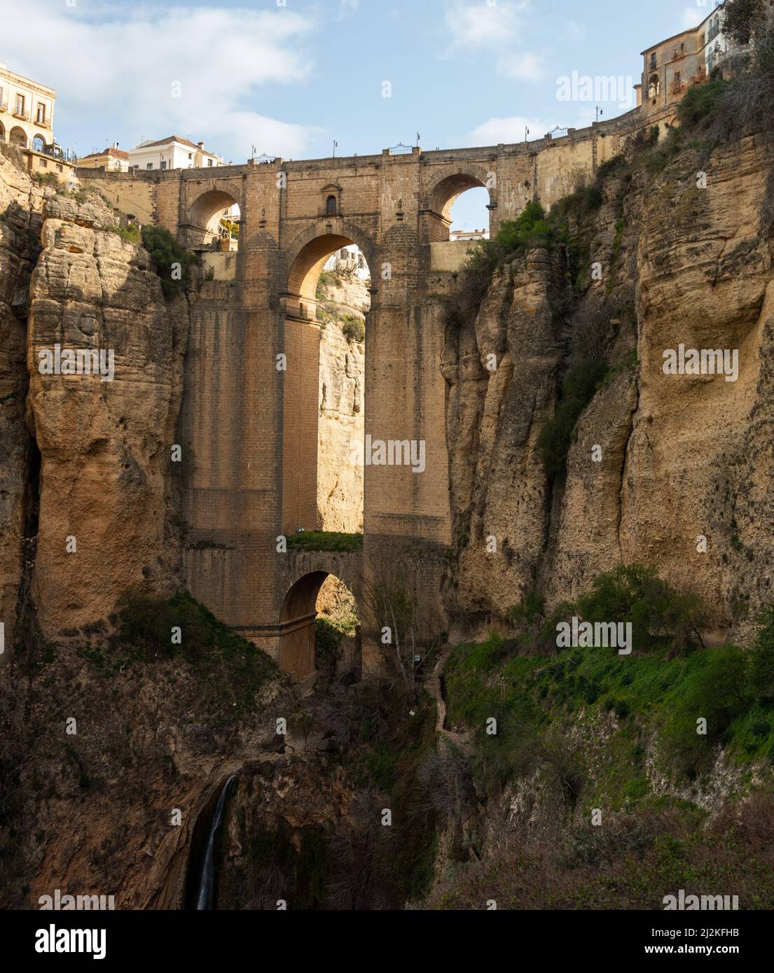 Puente Nuevo, the newest and largest of three bridges in Ronda, Spain. View from below Stock ...
