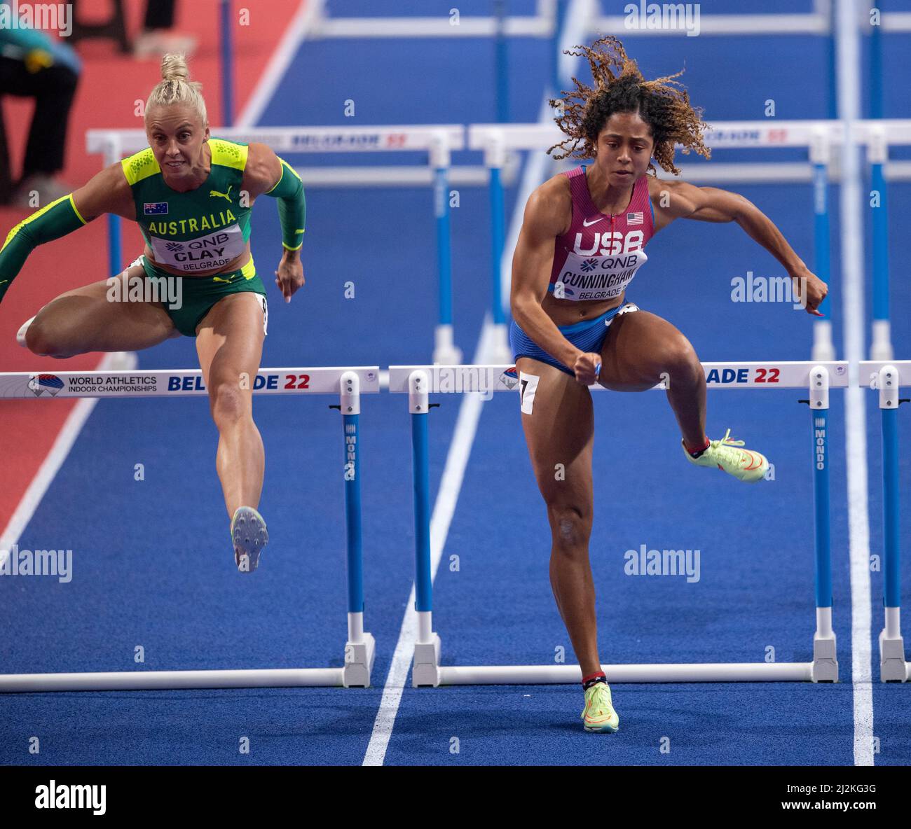 Liz Clay and Gabriele Cunningham competing in the women’s 60m hurdles ...