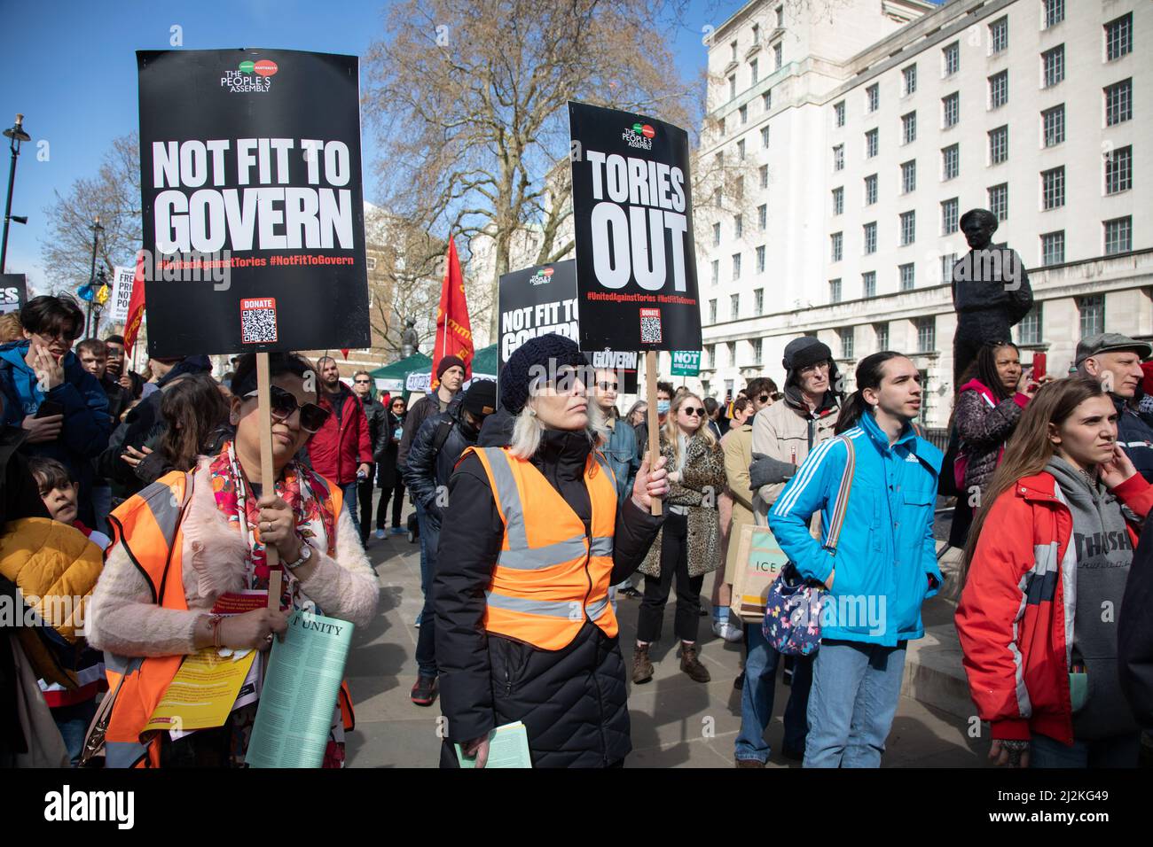 London, UK. 2 April 2022. People have gathered outside Downing Street ...