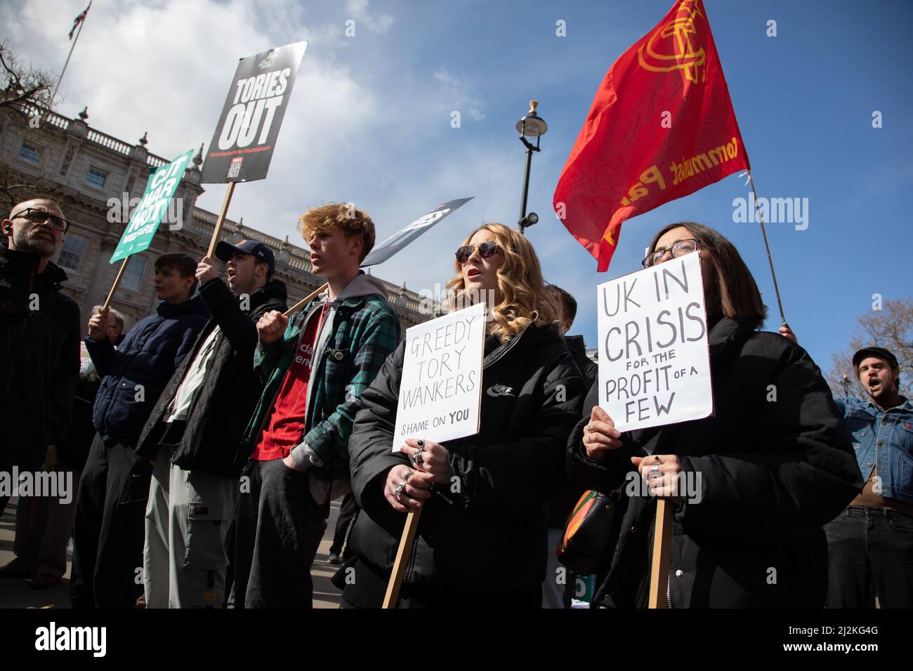 London, UK. 2 April 2022. People have gathered outside Downing Street ...