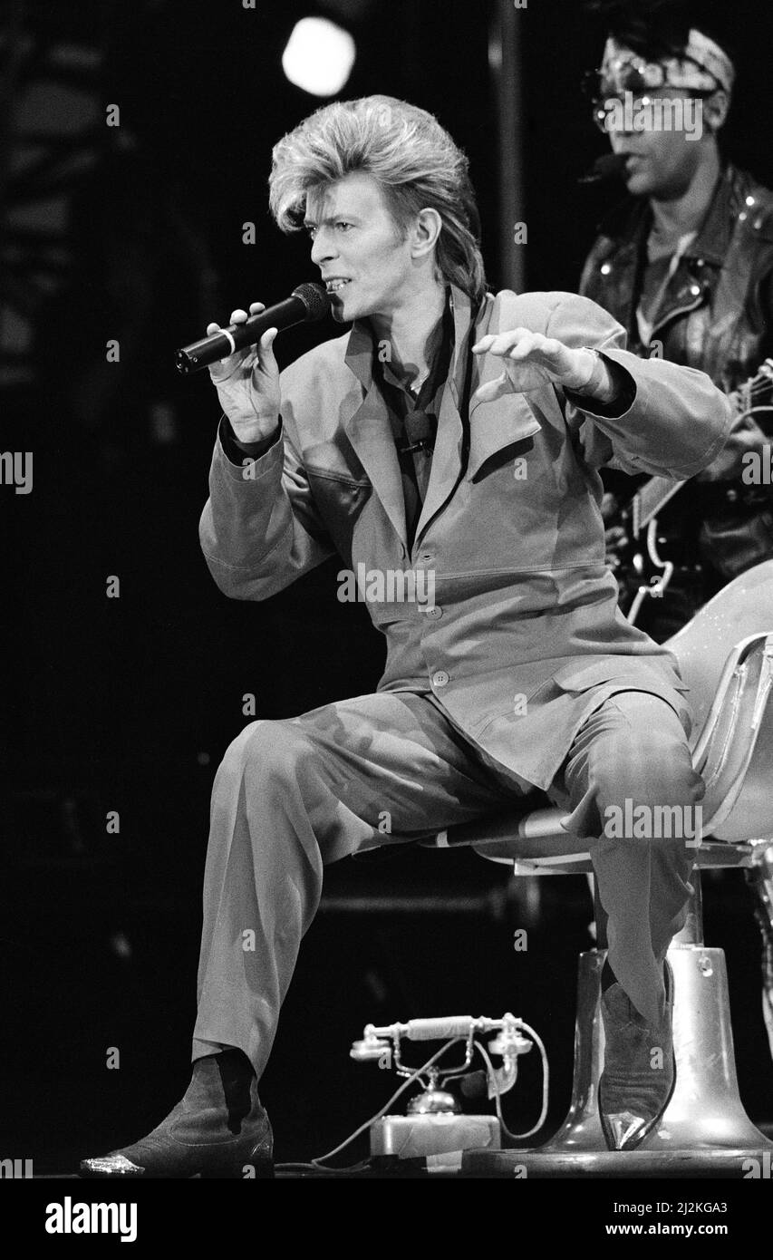 British pop singer David Bowie pictured performing in concert at ...