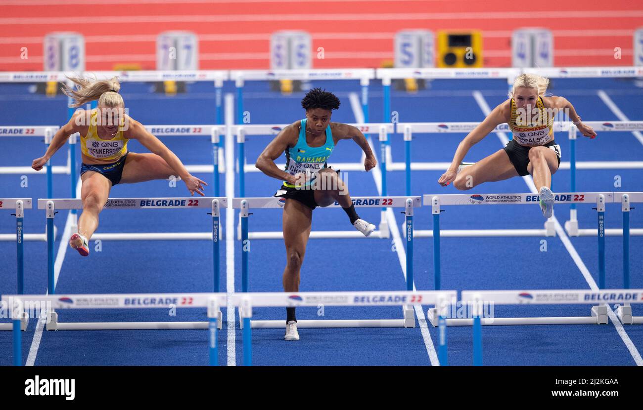 Julia Wennersten, Devynne Charlton and Monika Zapalska competing in the women’s 60m hurdles on ...