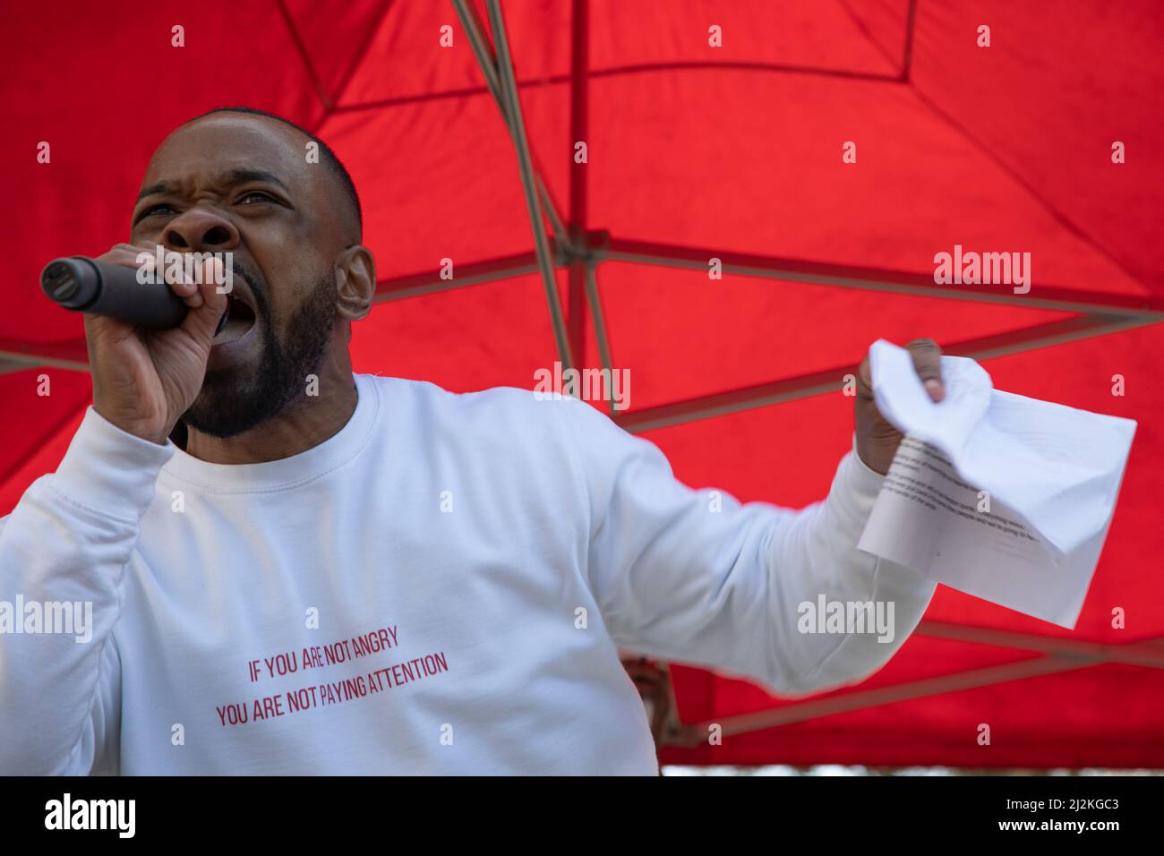 London, UK. 2 April 2022. Actor and BLM activist Marlon Kameka speaks ...