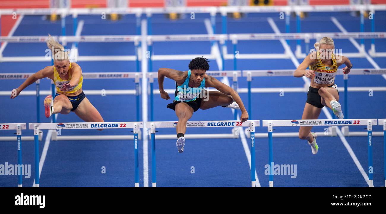 Julia Wennersten, Devynne Charlton and Monika Zapalska competing in the women’s 60m hurdles on ...
