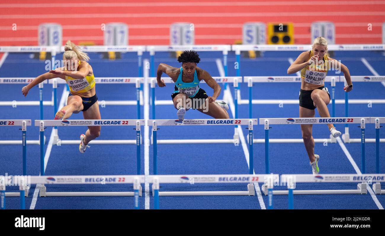 Julia Wennersten, Devynne Charlton and Monika Zapalska competing in the women’s 60m hurdles on ...