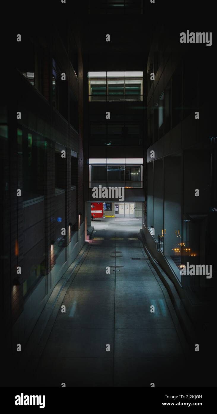 A beautiful shot of barking entrance under modern black glass building ...