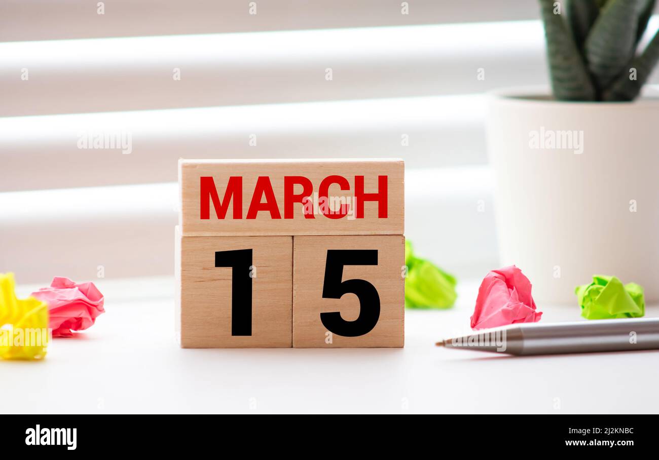 Vintage photo, March 15th. Date of 15 March on wooden cube calendar ...