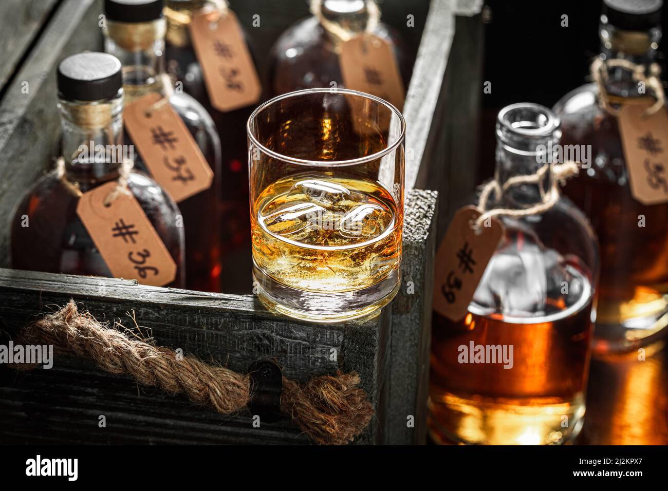 Tasty and noble brendy labeled and shipment from old distillery. Glass ...