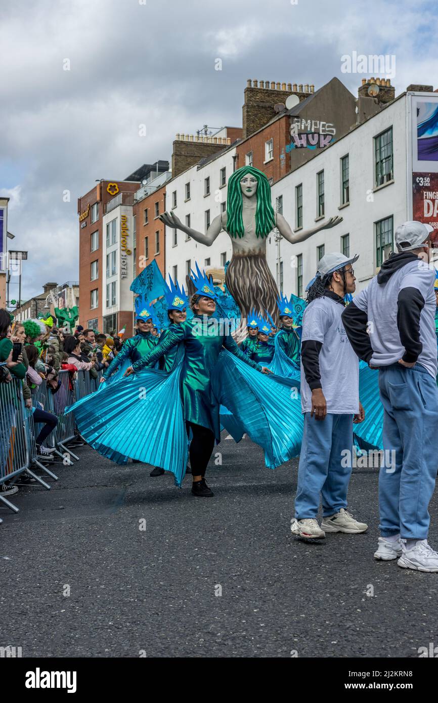 A vertical shot from St Patrick Festival in Dublin with dancers in blue ...