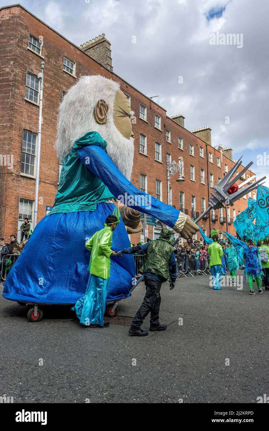 A vertical shot from St Patrick Festival in Dublin with dancers in blue ...