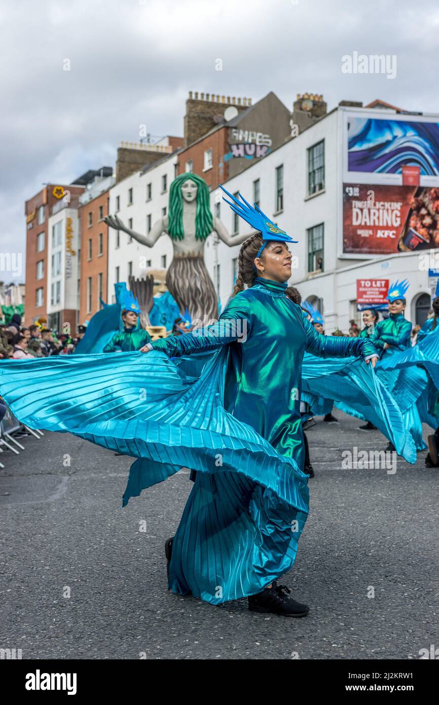 A vertical shot from St Patrick Festival in Dublin with dancers in blue ...