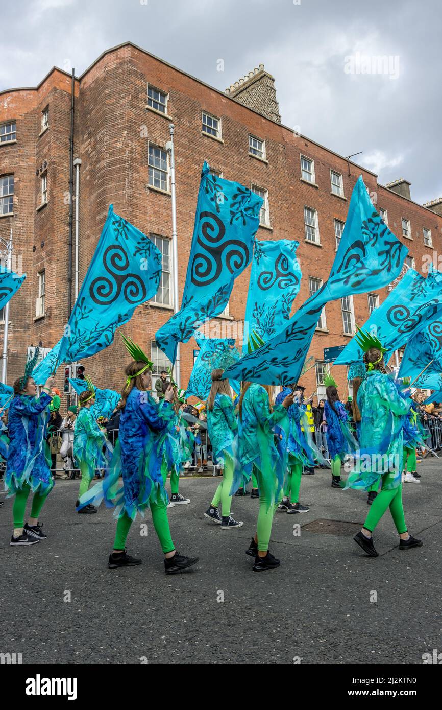 A vertical shot from St Patrick Festival in Dublin with dancers in blue ...