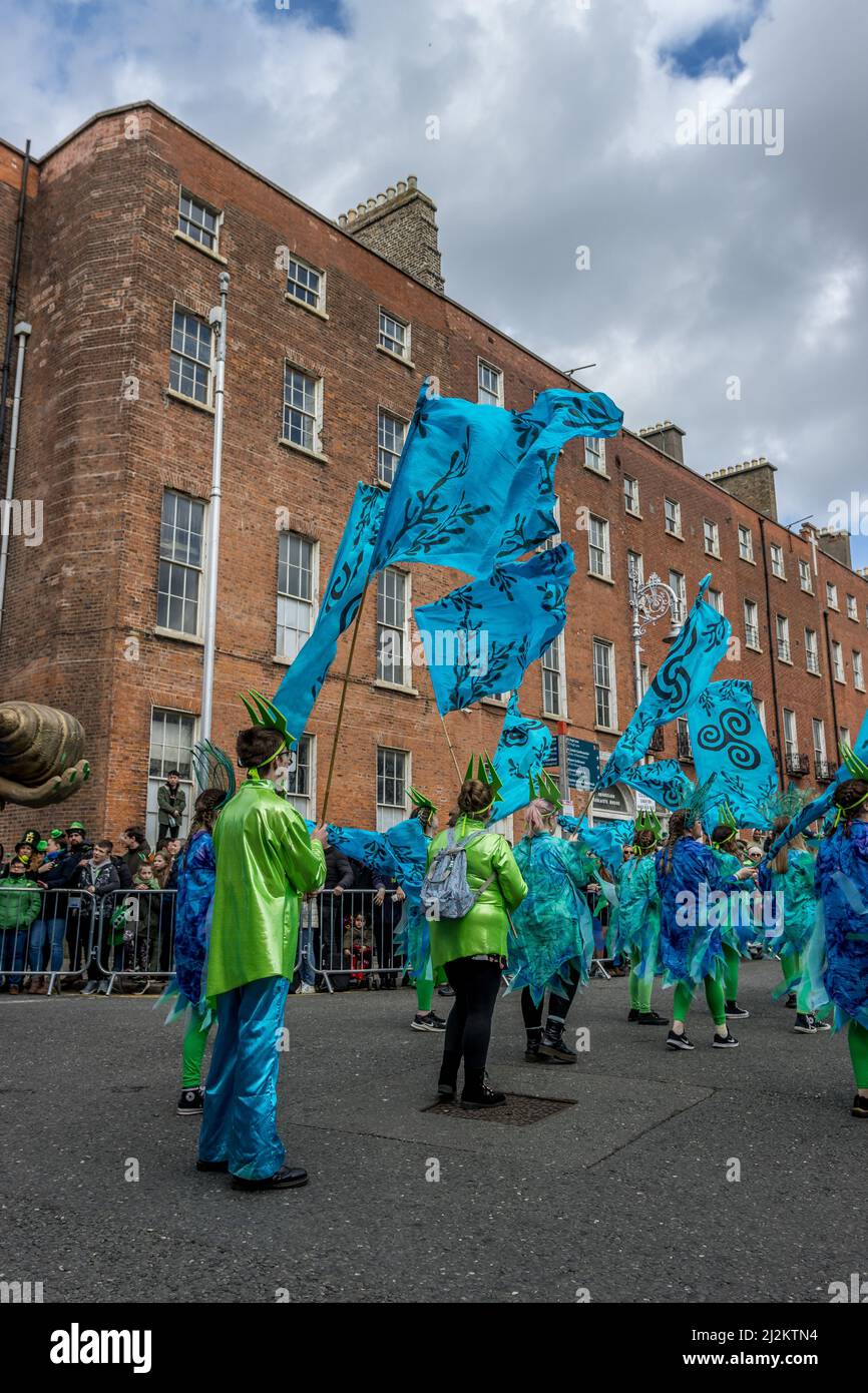 A vertical shot from St Patrick Festival in Dublin with dancers in blue ...