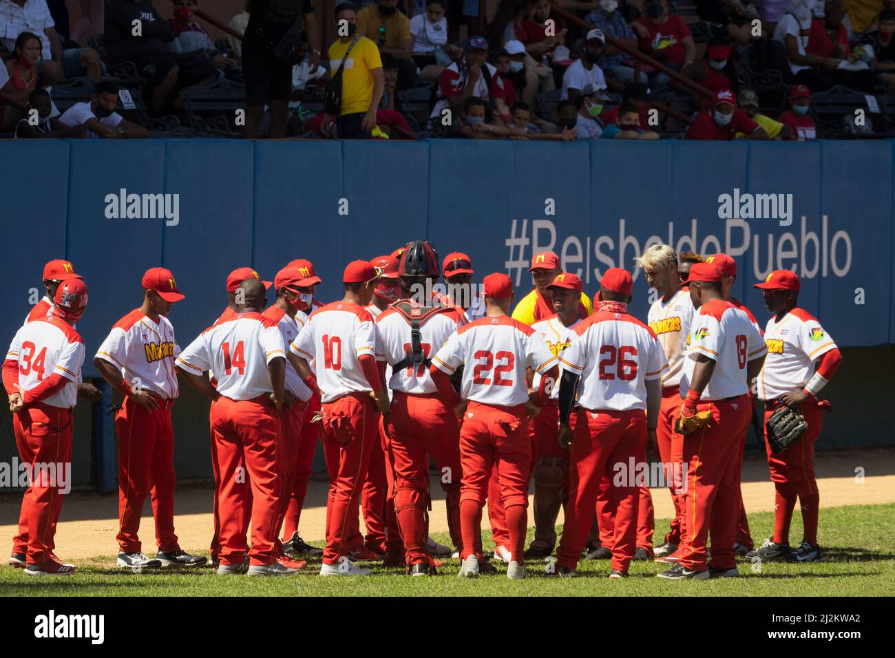 The Matanzas Crocodiles baseball team having a huddle during a game at ...