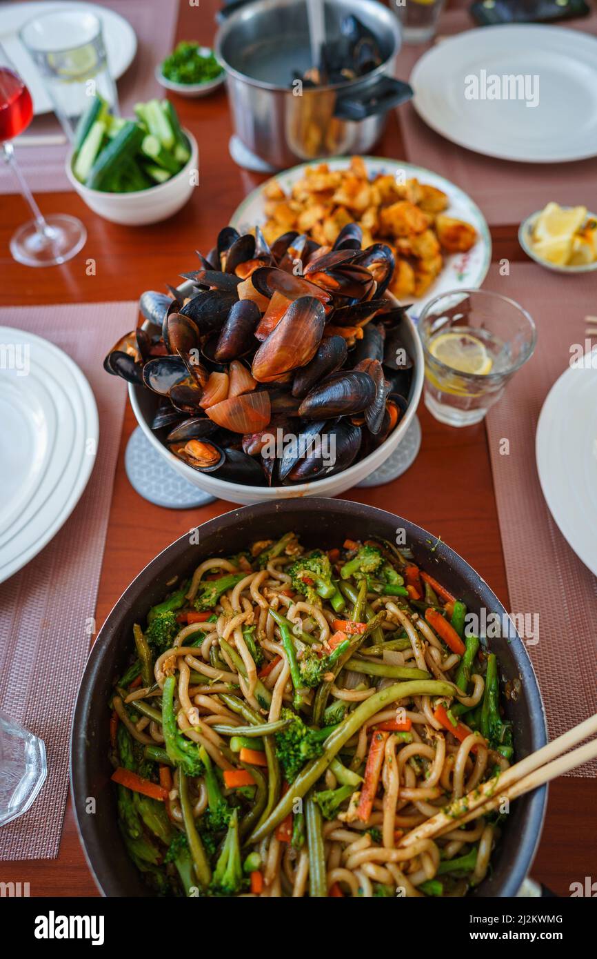 A top view of the lunch table with tasty dishes Stock Photo - Alamy