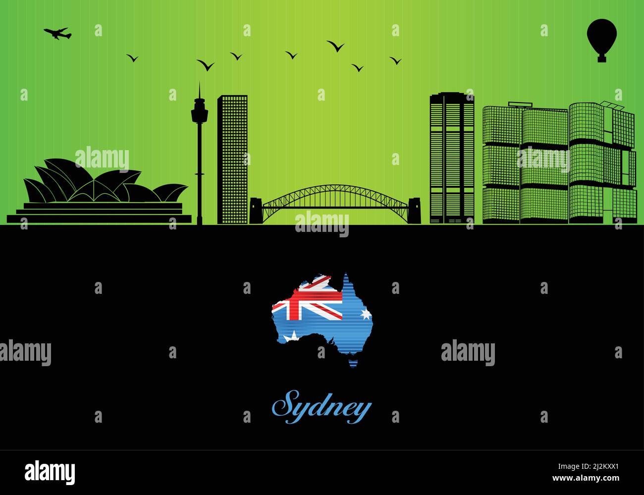Sydney city skyline silhouette - illustration, Town in Green background ...