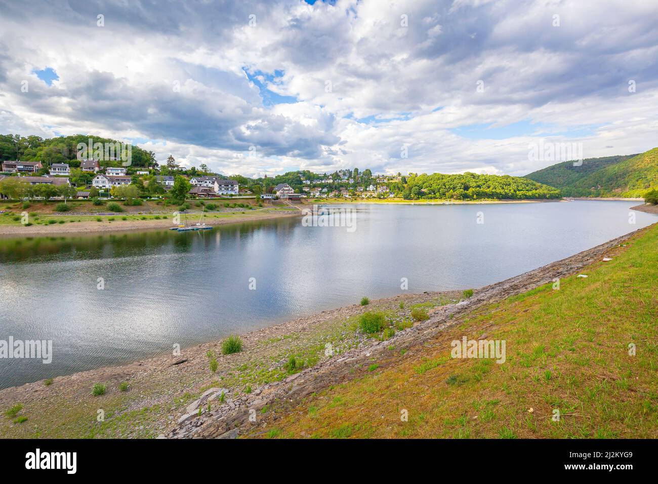 Rurberg and Rursee on a beautiful day in summer. Touristic landmark for ...