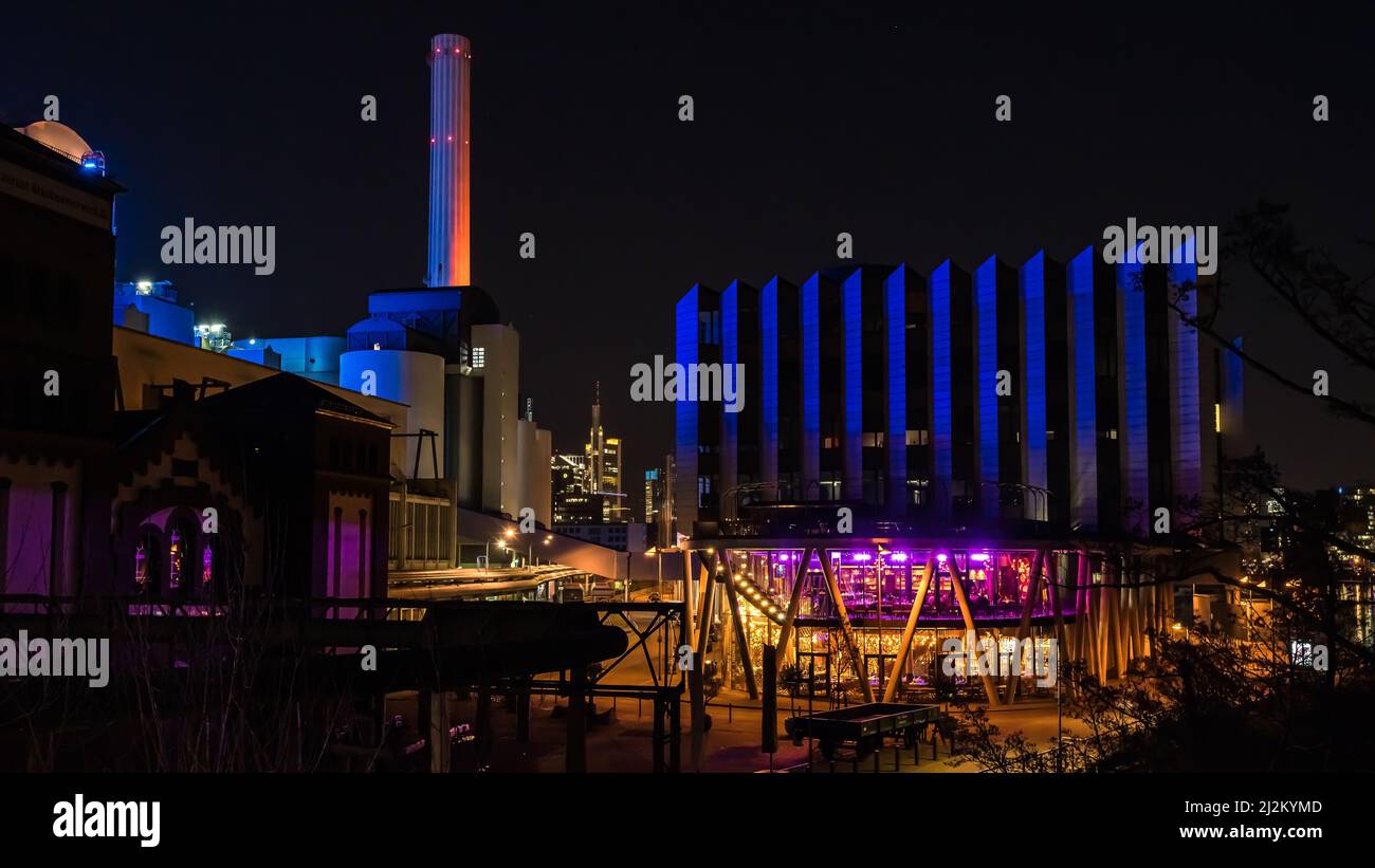 A beautiful view of buildings with lights at night Stock Photo - Alamy