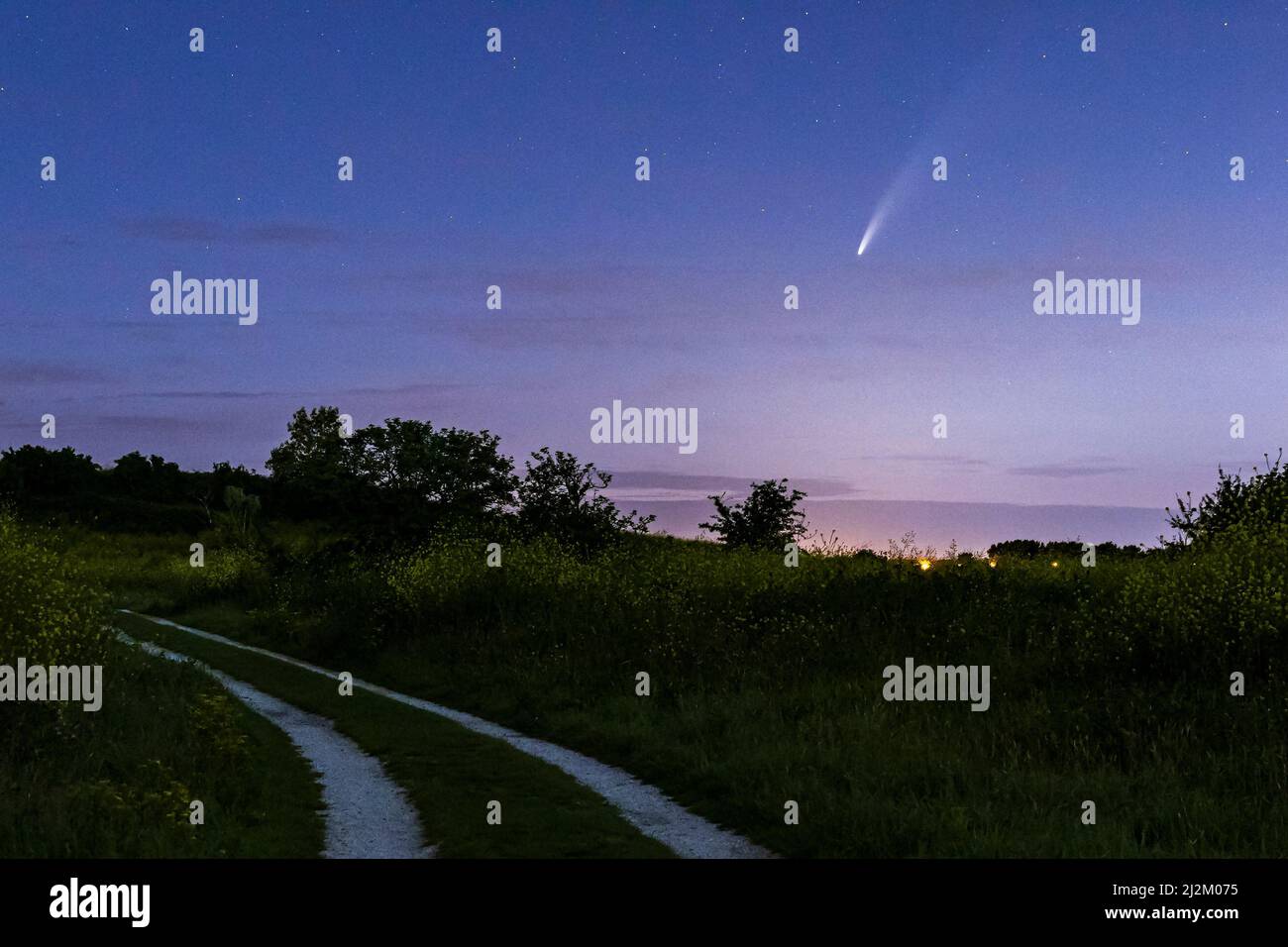 Meteor, shooting star or falling star seen in a night sky landscape ...