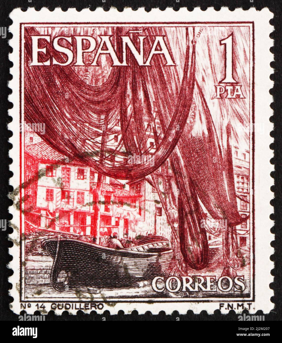 SPAIN - CIRCA 1965: a stamp printed in the Spain shows Boats and Nets ...