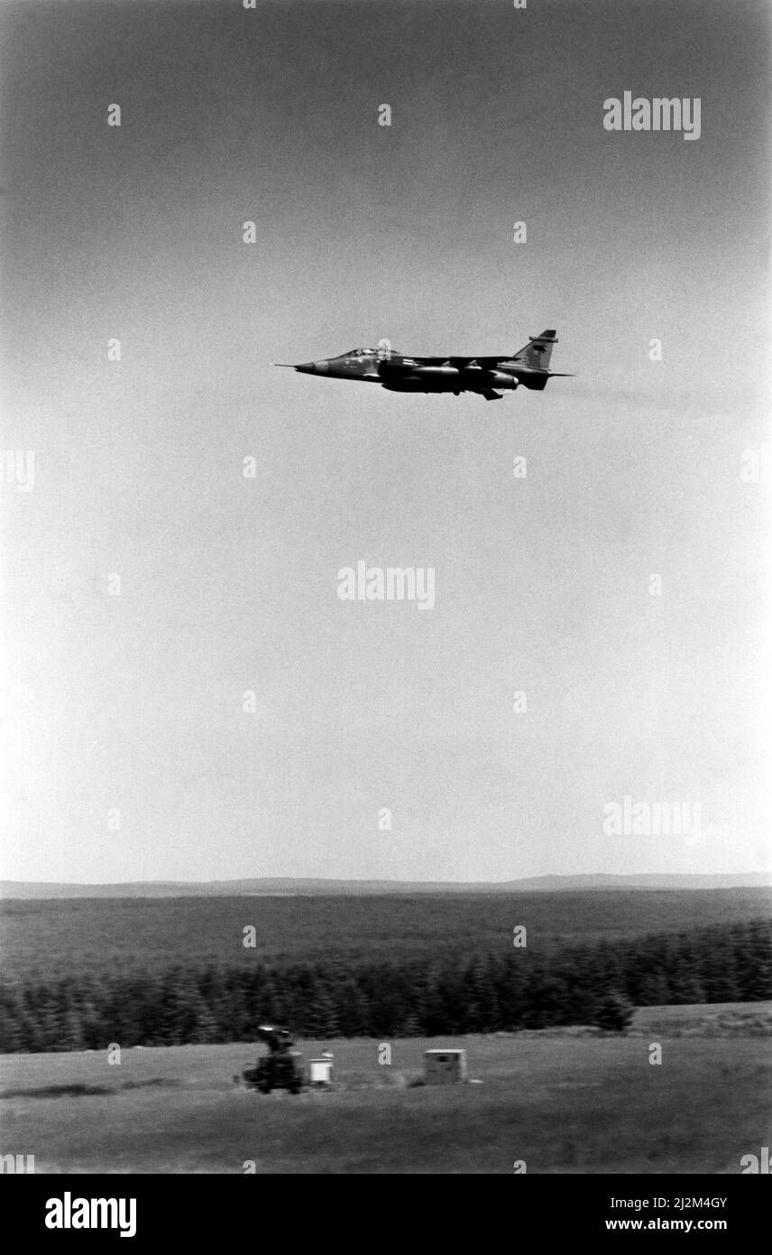 A RAF Anglo-French SEPECAT Jaguar, ground attack aircraft, passes over ...
