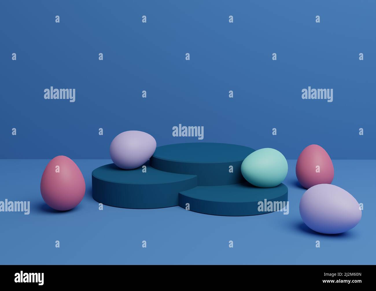 Bright, dark, pastel blue 3D rendering of Easter themed product display podium or stand ...