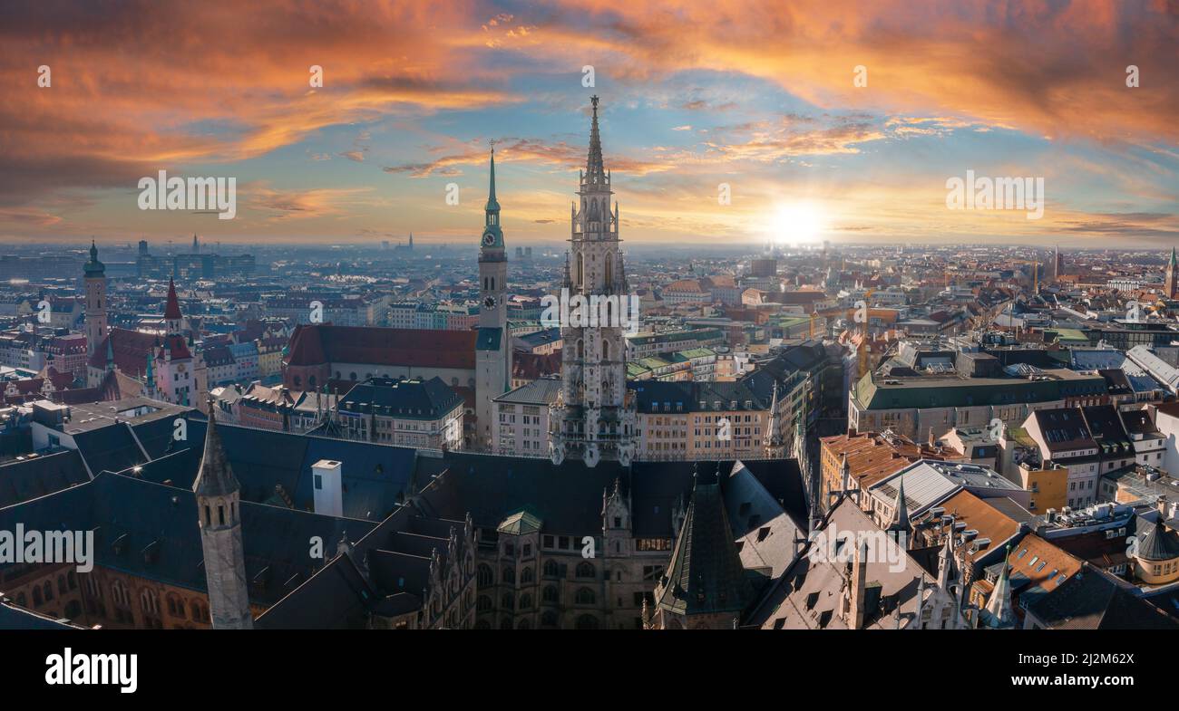 Munich aerial panoramic architecture, Bavaria, Germany. Sunset view ...