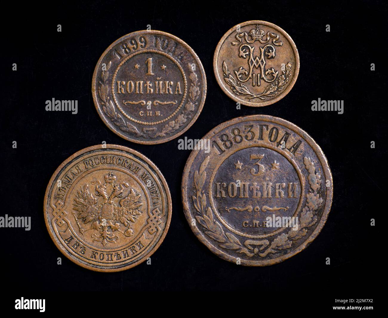 Old Russian coins 19th century, copper money on black background. Top ...