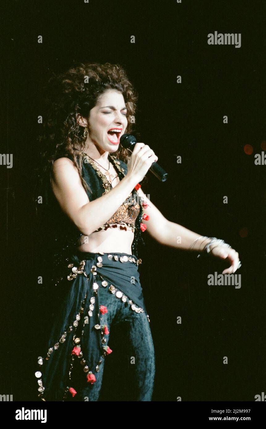 Pop singer Gloria Estefan performing on stage during a concert in ...