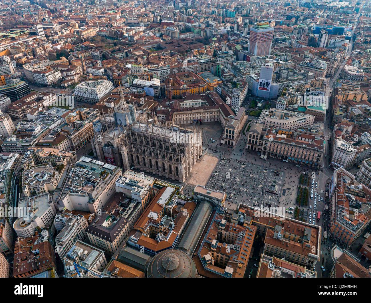 Aerial view of Piazza Duomo in front of the gothic cathedral in the ...
