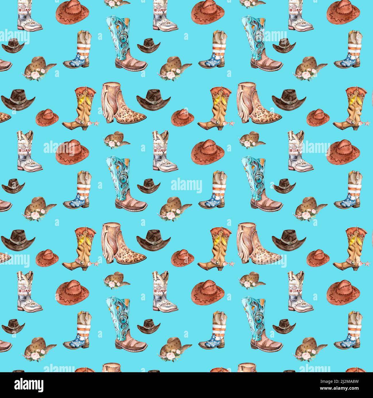 Cowboy boots and cowboy hats pattern turquoise background for country ...