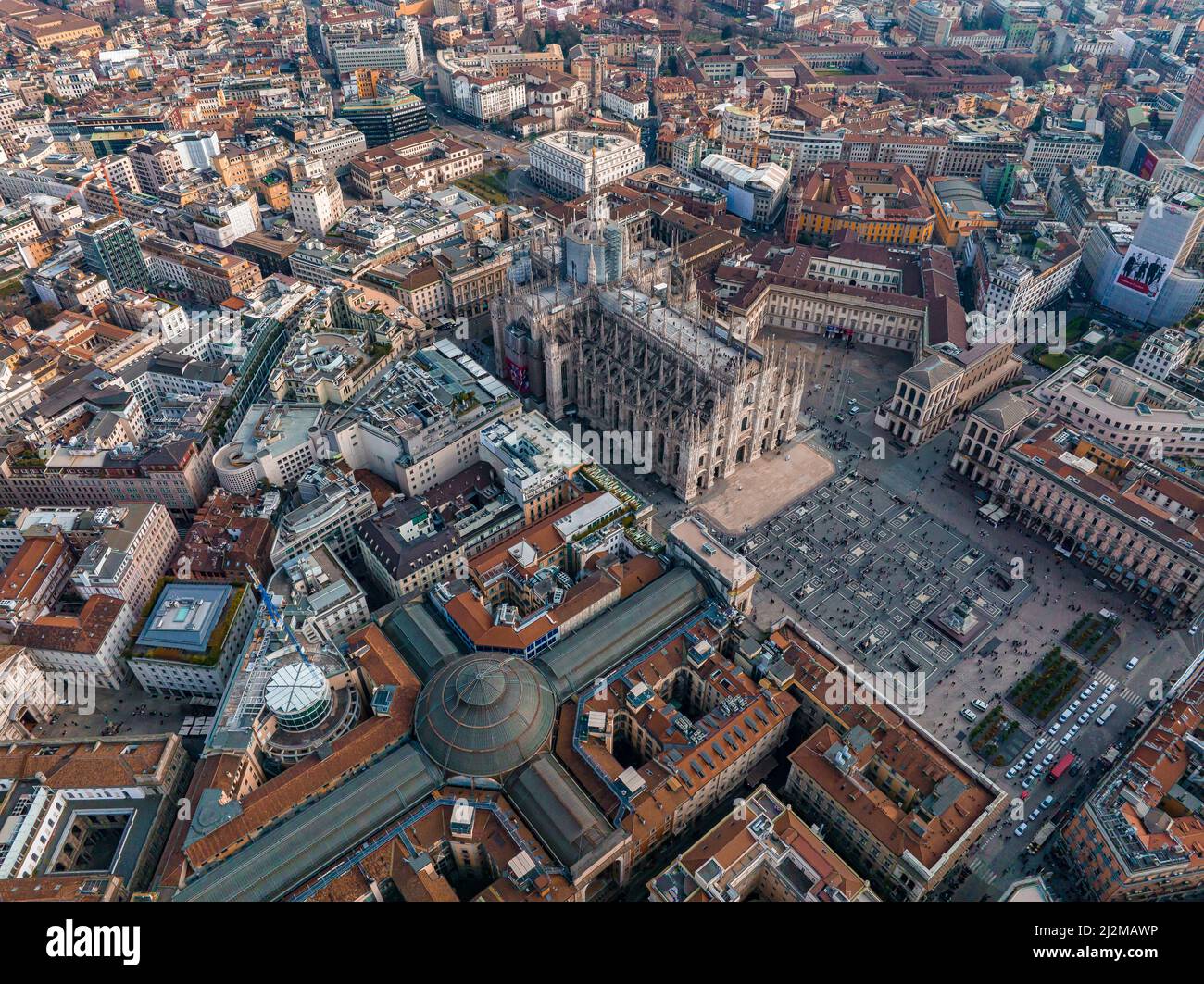 Aerial view of Piazza Duomo in front of the gothic cathedral in the ...