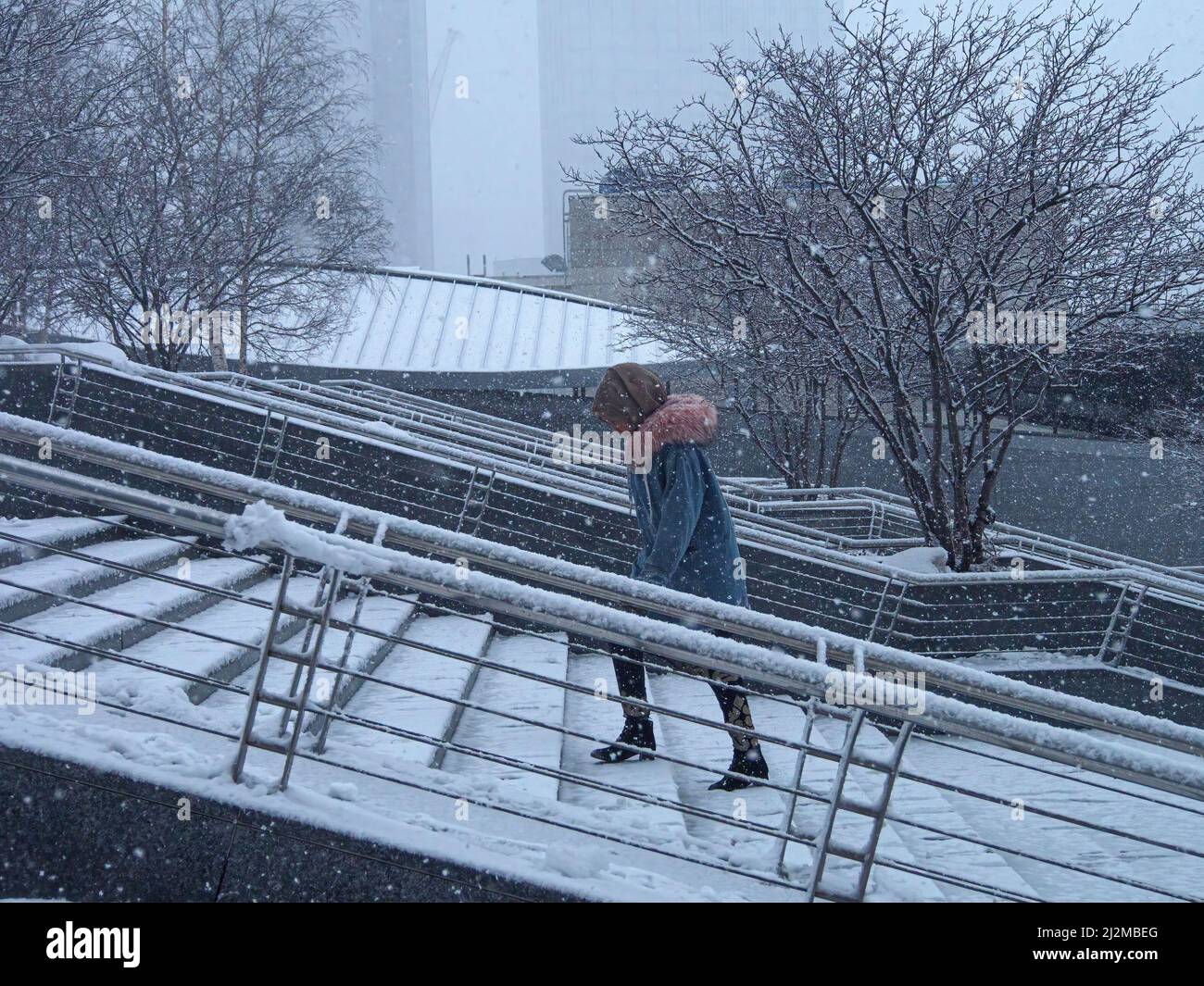 A woman climbs the stairs during heavy snowfall. Cyclone Katrina caused ...