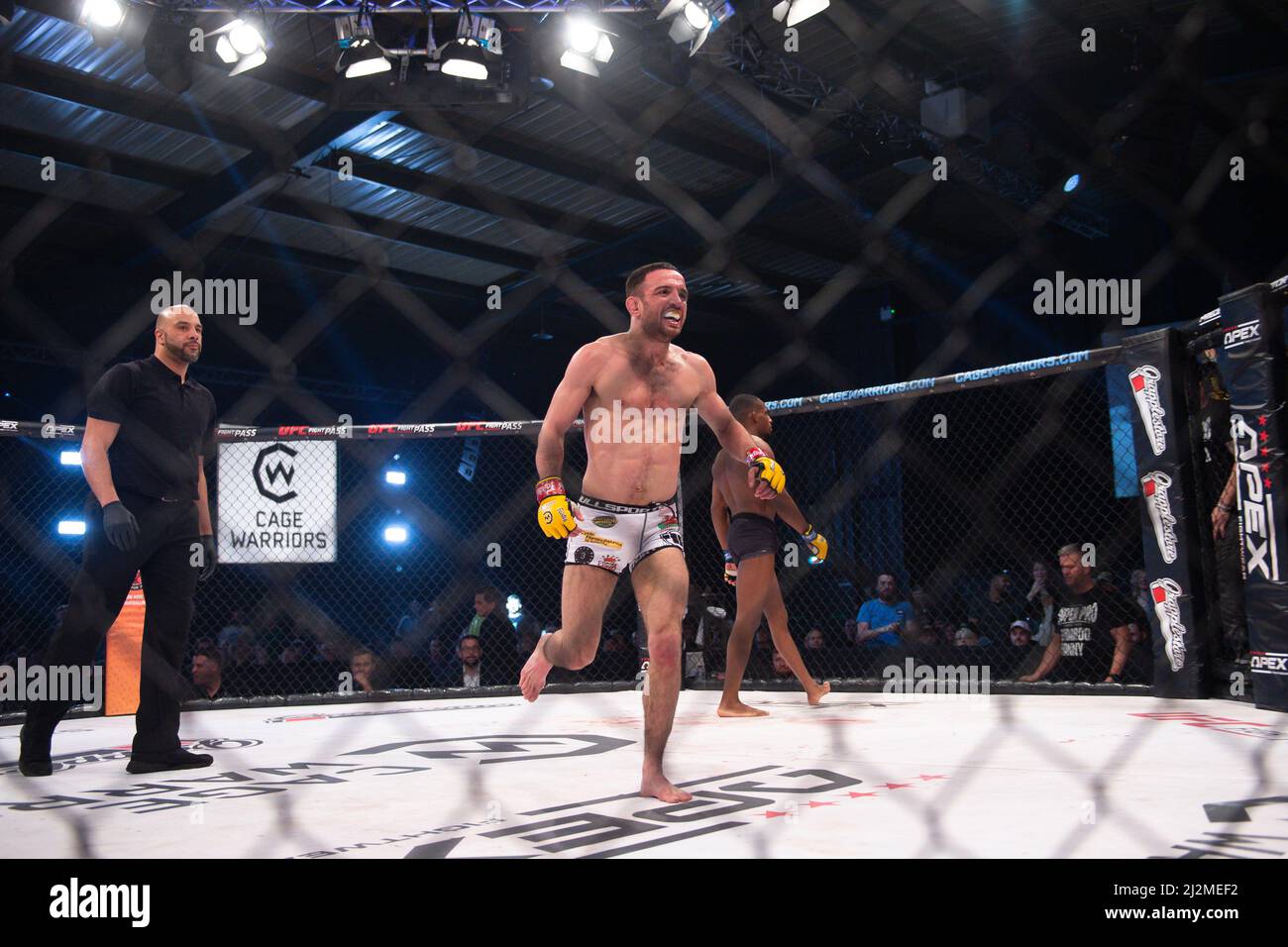 MANCHESTER, UK. APR 2ND Aaron Aby celebrates defeating Gerardo Fanny ...