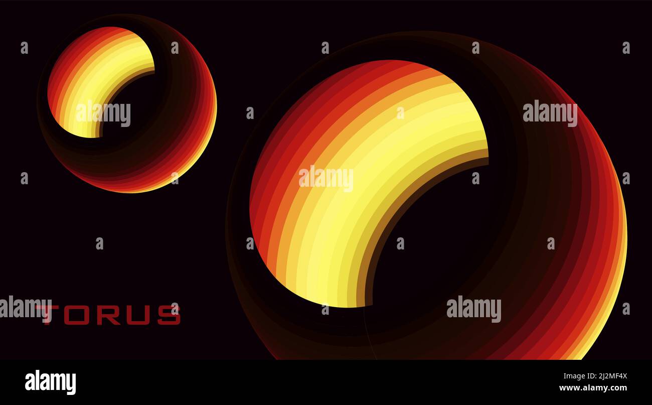 Abstract 3D shapes in form of a torus on a dark brown background ...