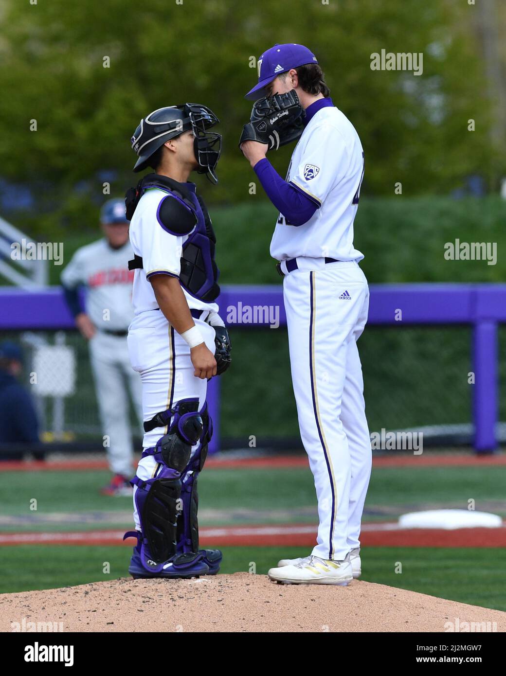 April 02, 2022: Washington catcher Johnny Tincher in a mound conference ...