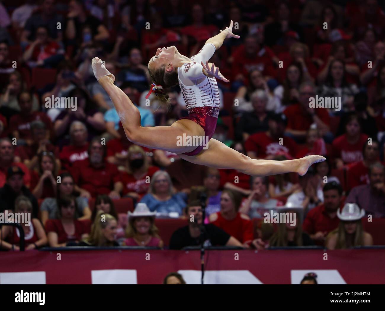 Norman, OK, USA. 2nd Apr, 2022. Oklahoma's Audrey Davis leaps into the ...