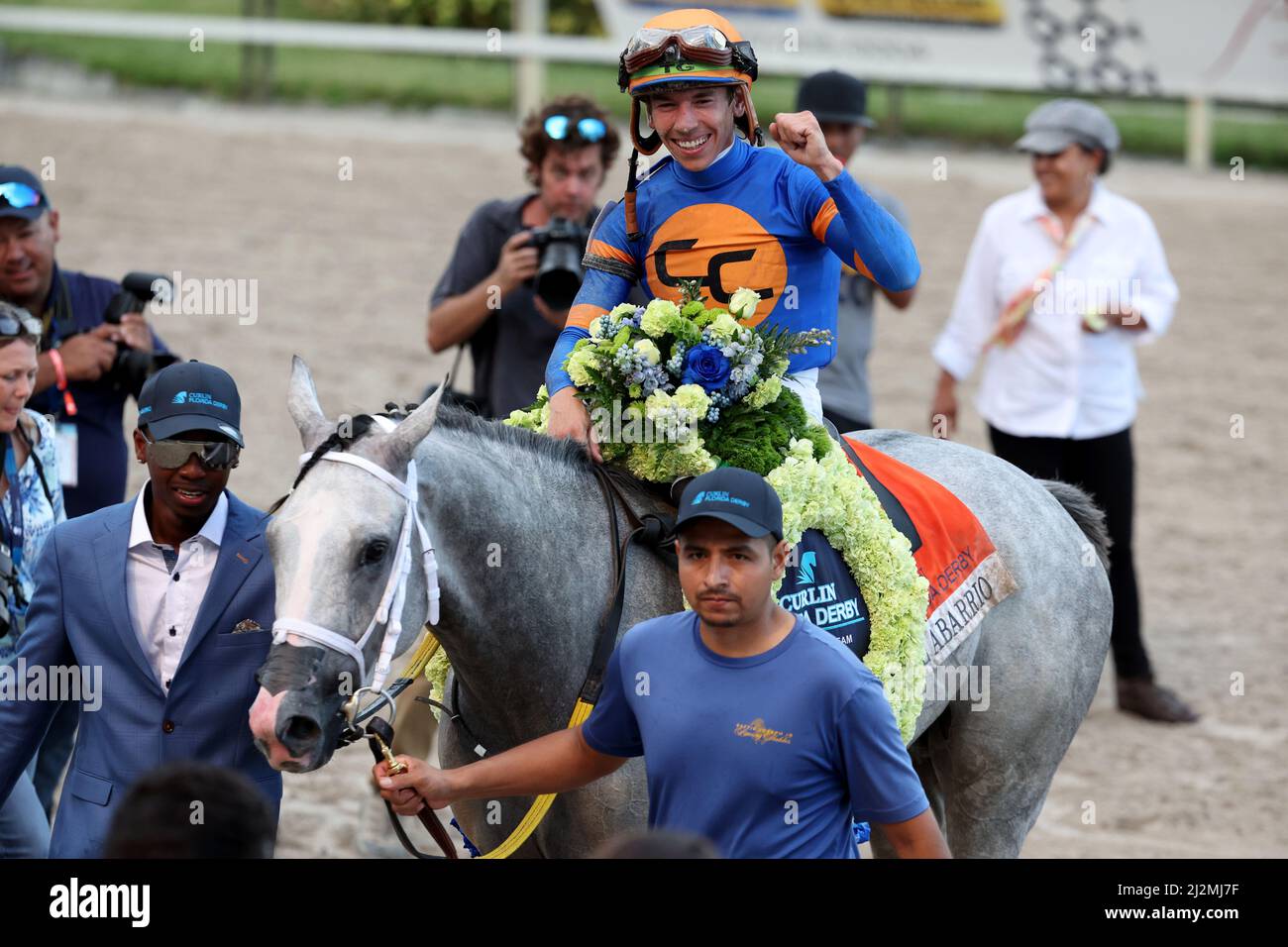HALLANDALE, FLORIDA - APRIL 02: White Abarrio #7, ridden by Tyler ... HALLANDALE, FLORIDA - APRIL 02: White Abarrio #7, ridden by Tyler ...