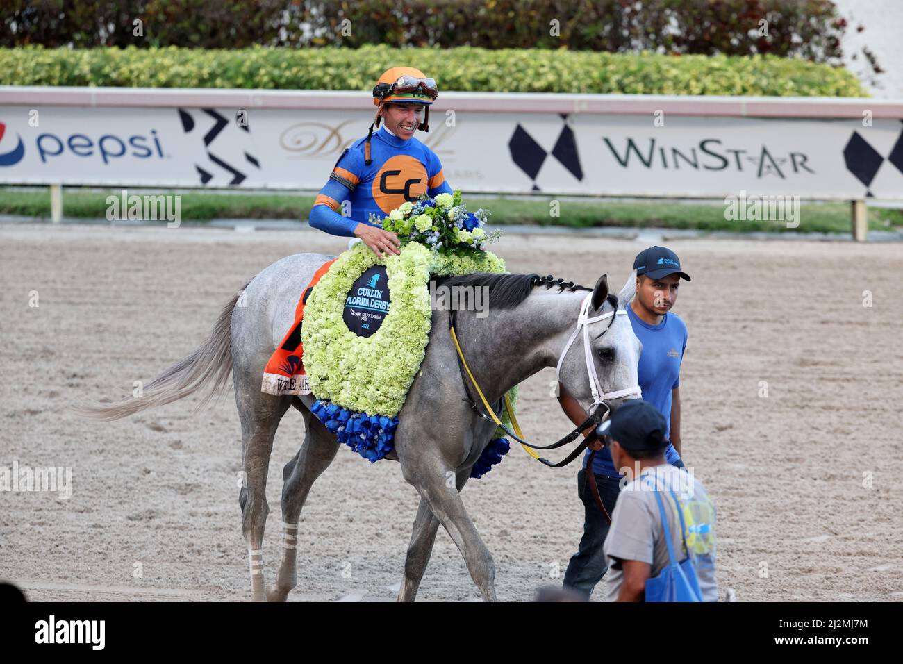 HALLANDALE, FLORIDA - APRIL 02: White Abarrio #7, ridden by Tyler ... HALLANDALE, FLORIDA - APRIL 02: White Abarrio #7, ridden by Tyler ...