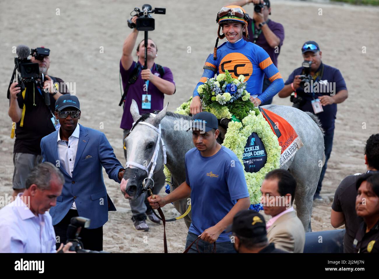 HALLANDALE, FLORIDA - APRIL 02: White Abarrio #7, ridden by Tyler ... HALLANDALE, FLORIDA - APRIL 02: White Abarrio #7, ridden by Tyler ...