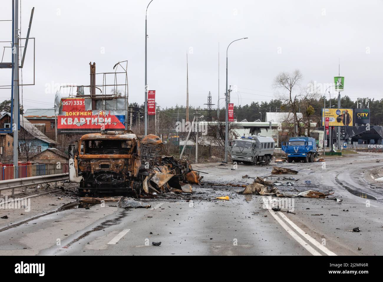 Bucha, Ukraine. 02nd Apr, 2022. Broken vehicles of Russian occupiers on ...